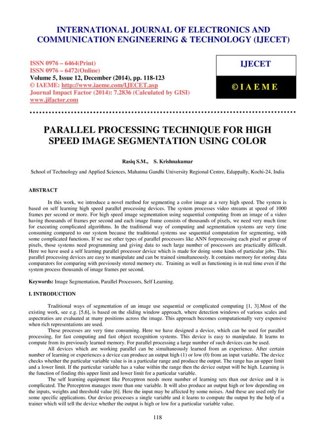 Parallel processing technique for high speed image segmentation using color | PDF