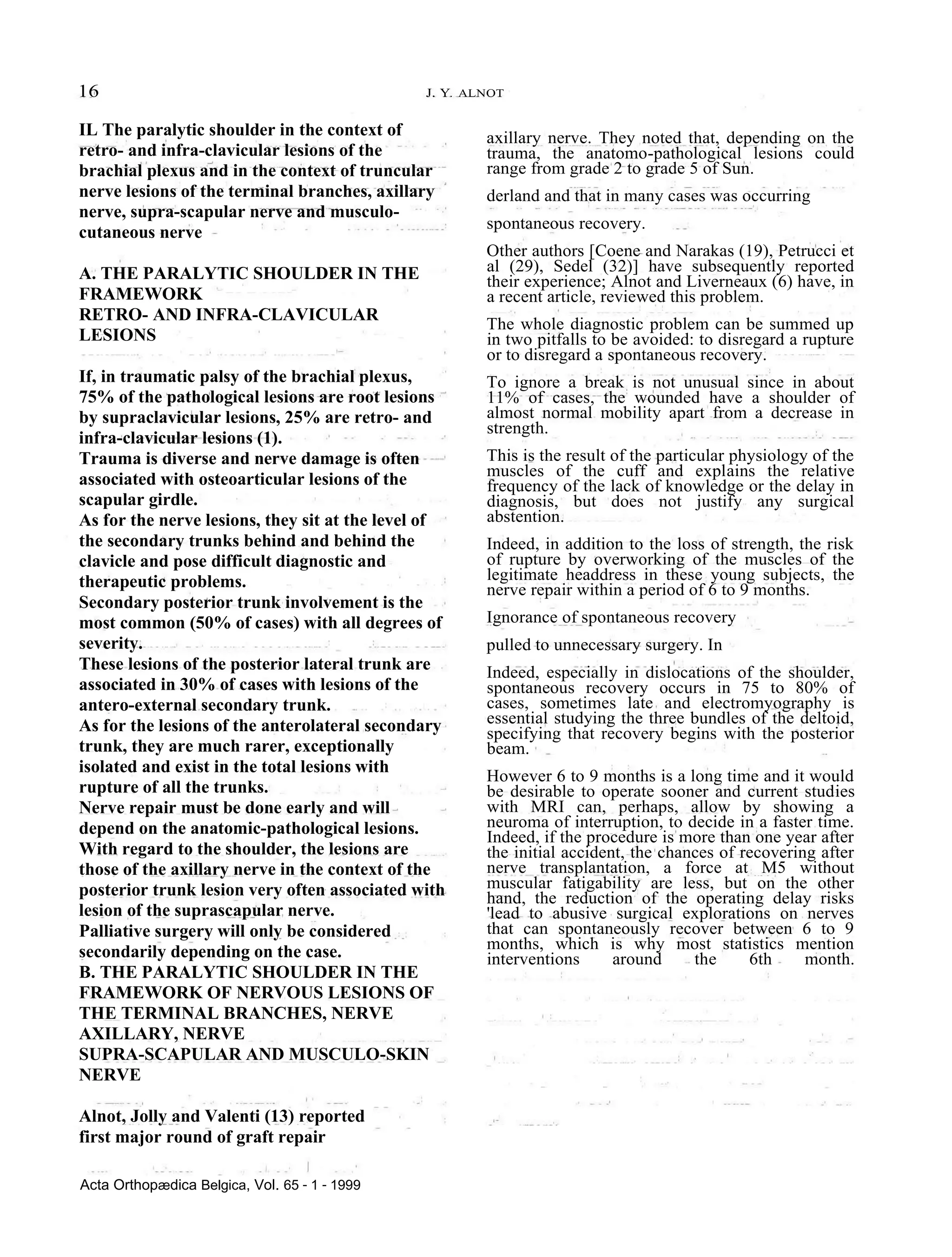 Paralytic shoulder secondary to post traumatic peripheral nerve lesions ...