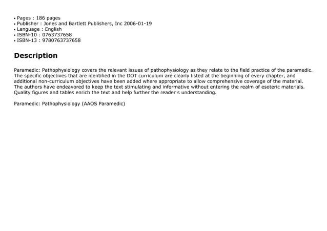 Paramedic: Pathophysiology (AAOS Paramedic) | PDF