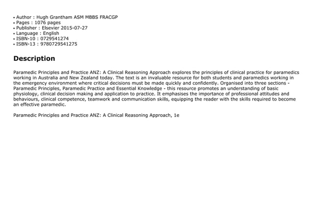 Paramedic Principles and Practice ANZ: A Clinical Reasoning Approach ...