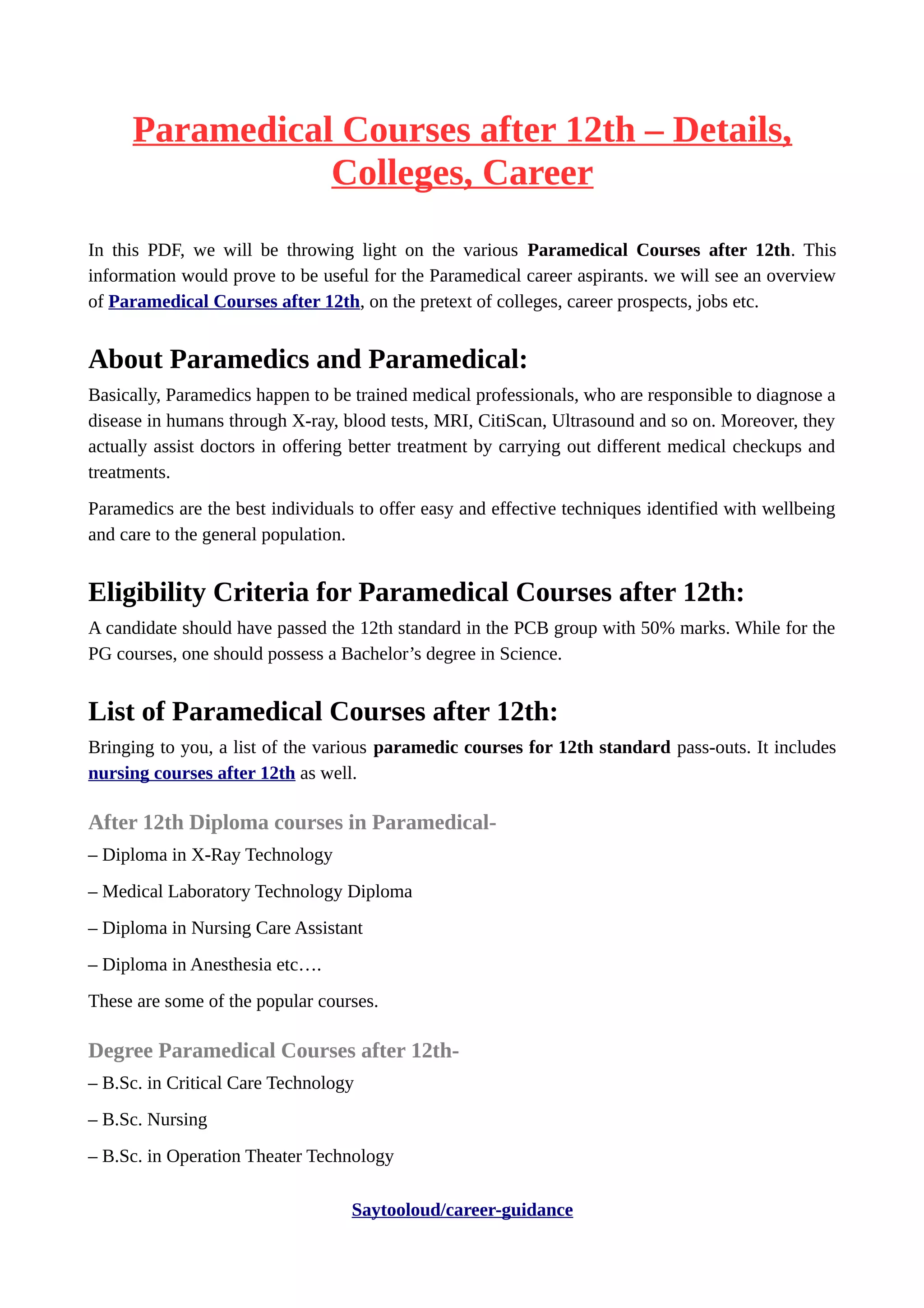Paramedical courses after 12th | PDF