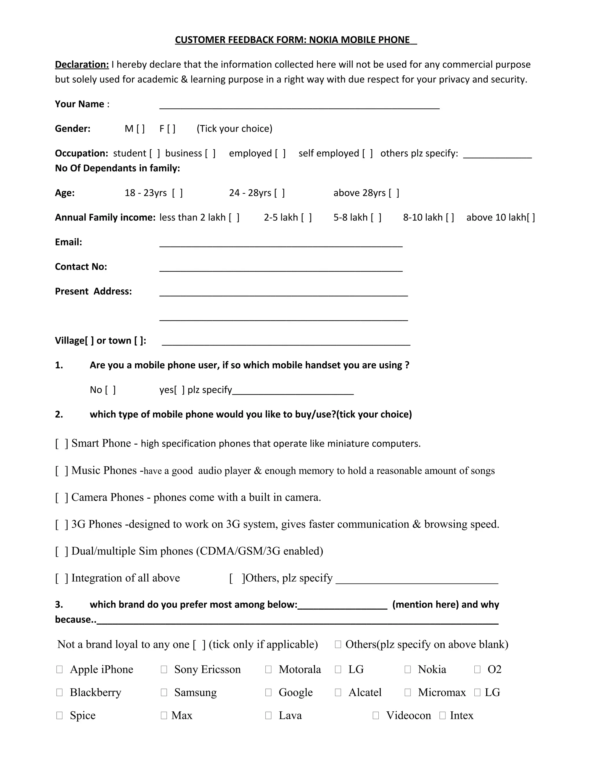 nokia customer feedback form made by paramesh | DOC