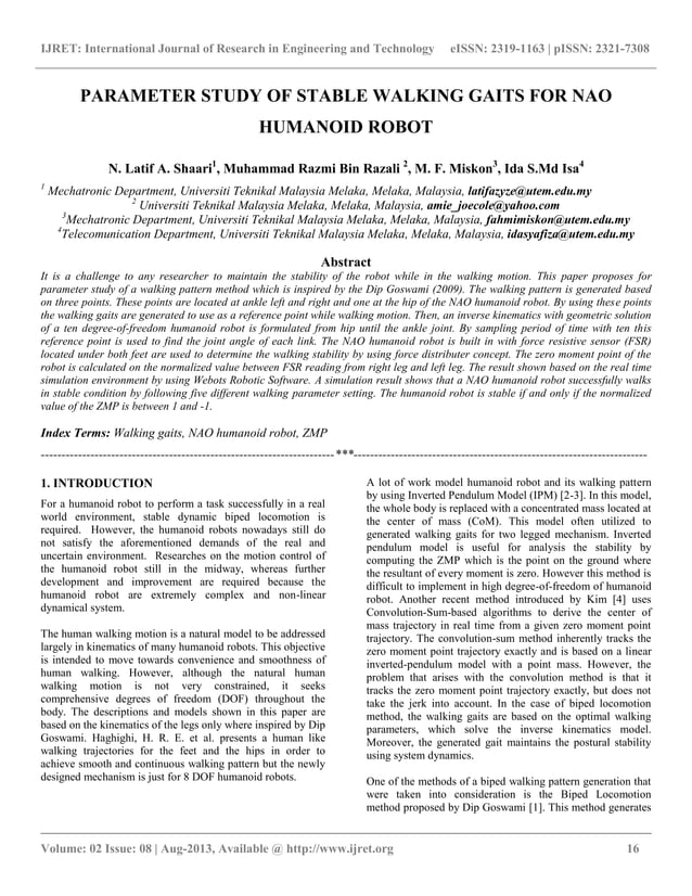 Parameter study of stable walking gaits for nao humanoid robot | PDF | Robotics | Technology ...