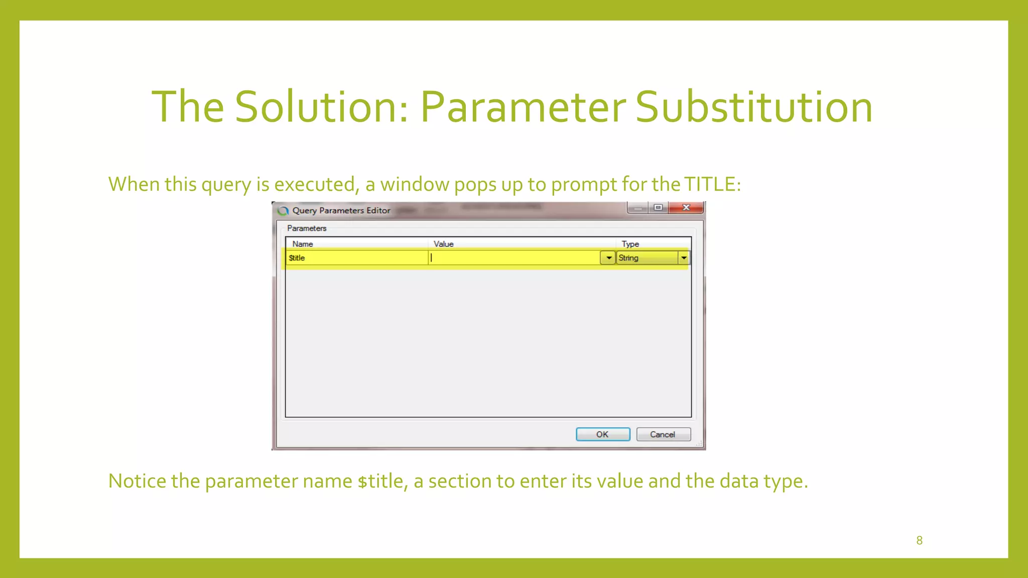 Parameter substitution in Aginity Workbench | PPT