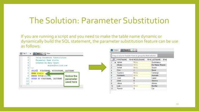 Parameter substitution in Aginity Workbench | PPT