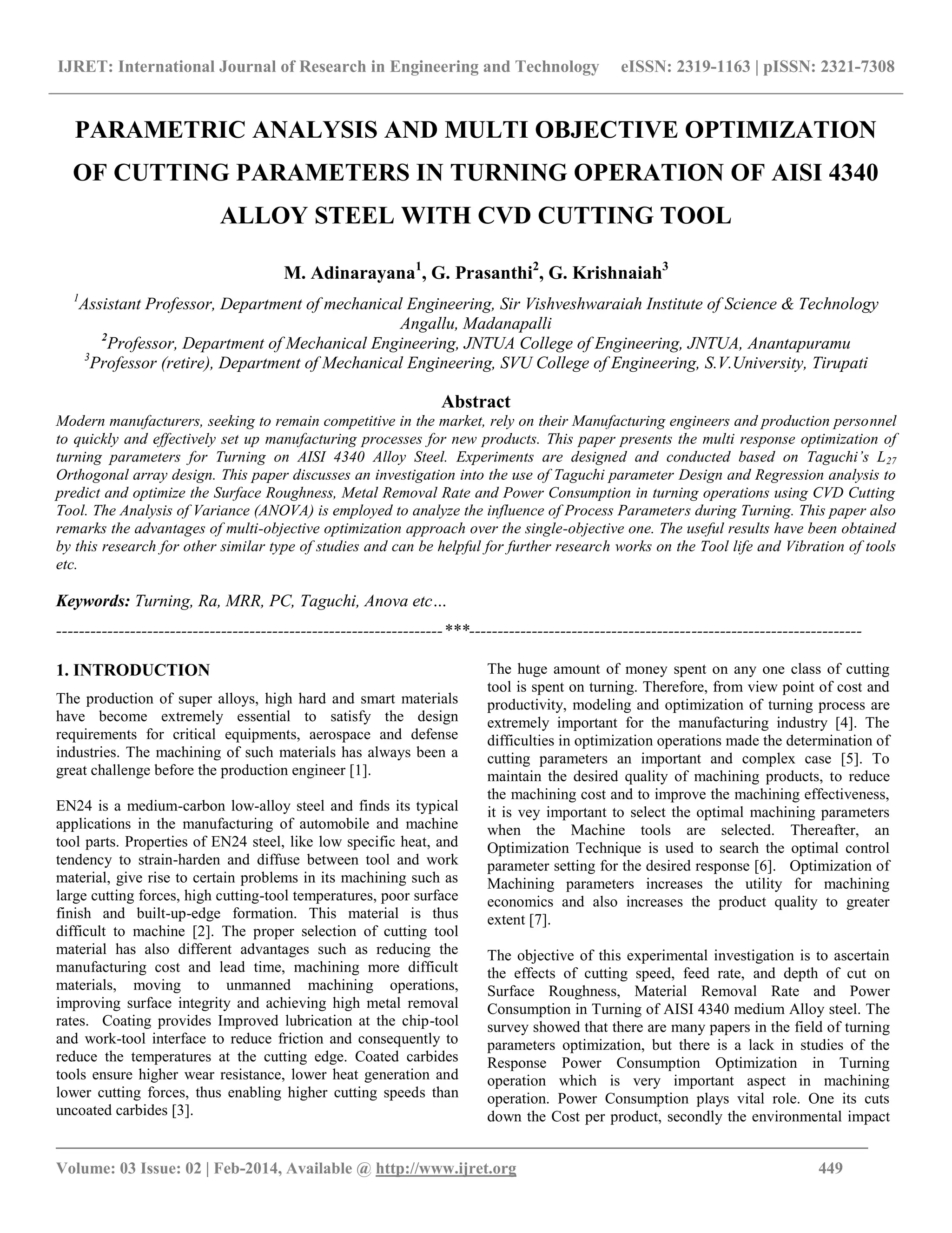 Parametric Analysis And Multi Objective Optimization Of Cutting