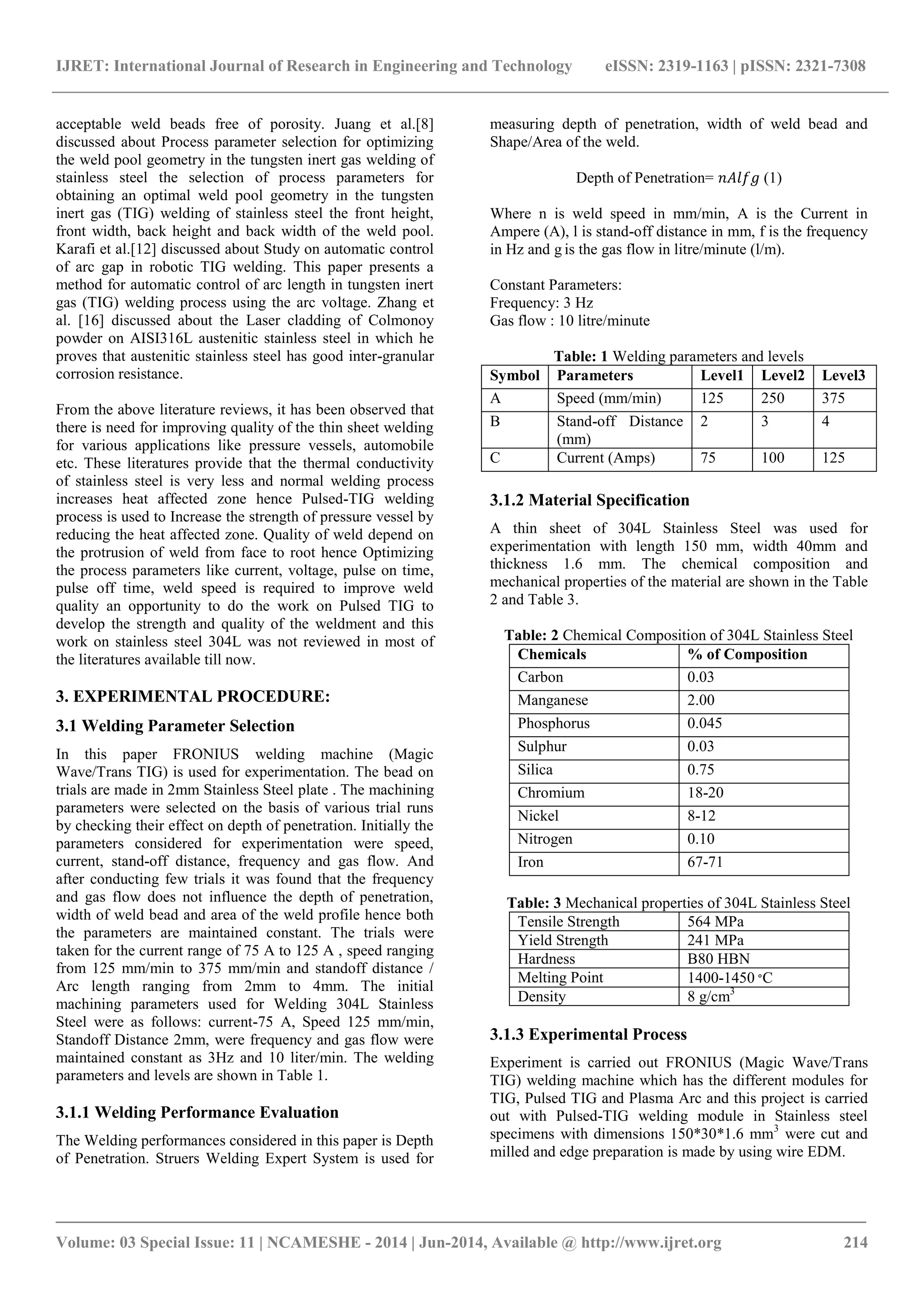 Parametric Optimisation Of Pulsed Tig Welding Process In Butt Joining