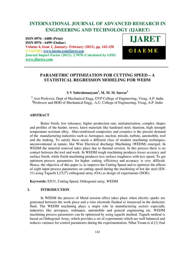 Parametric optimization for cutting speed – a statistical regression ...