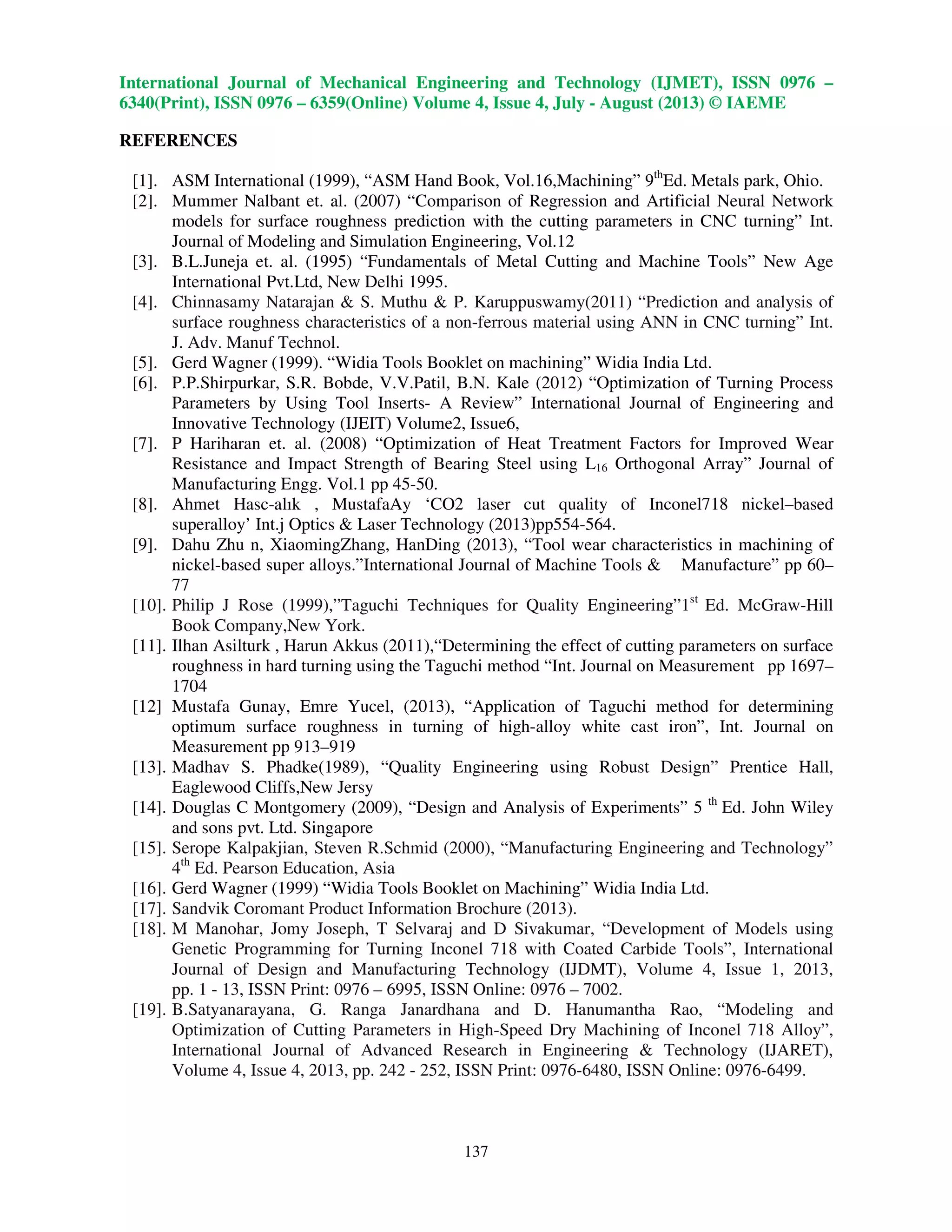 Parametric Optimization Of Surface Roughness In Turning Inconel718 Using Tag Pdf