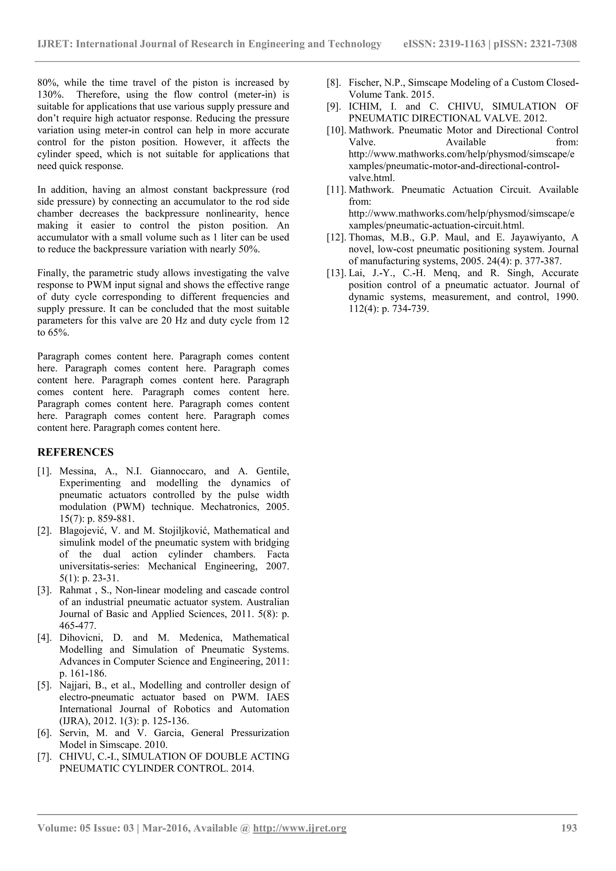 Parametric study of a low cost pneumatic system controlled by onoff ...