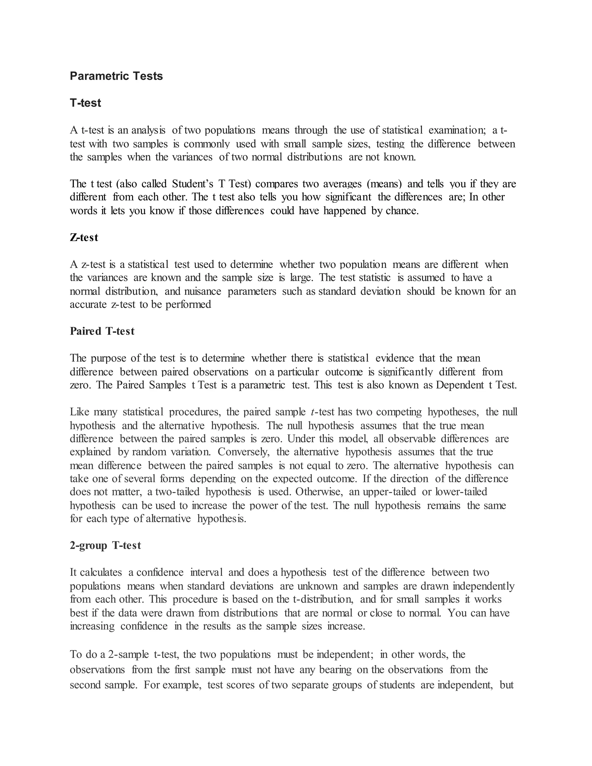 Parametric vs non parametric test | DOCX