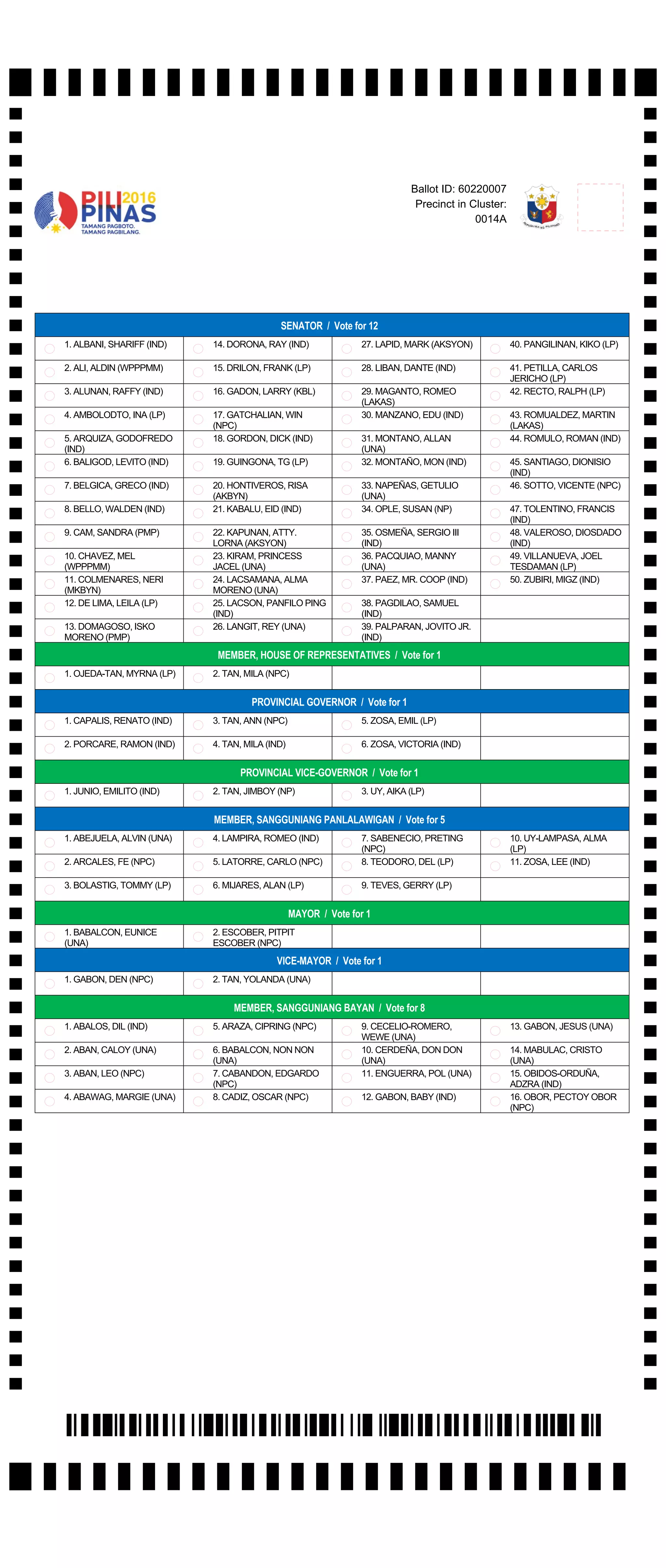 Paranas (wright) - 2016 Official Ballot | PDF