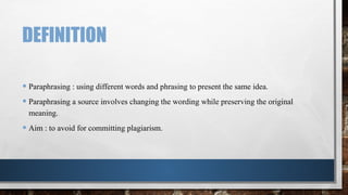 Paraphrase A paraphrase or rephrase is the rendering of the same text ...