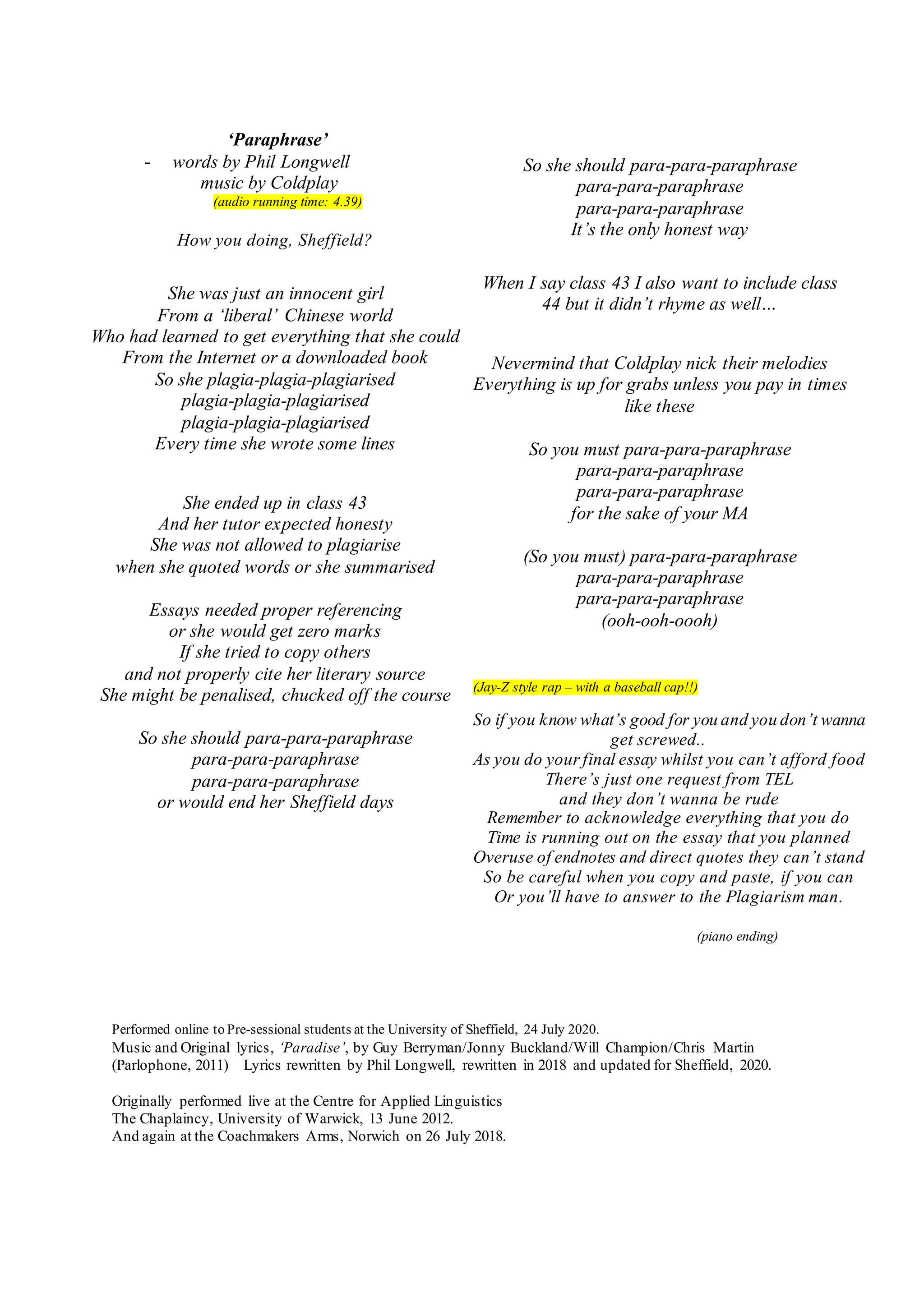 Paraphrase 2020 - lyrics and chords (Sheffield version) | DOCX