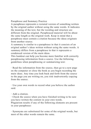 Paraphrase and Summary PracticeA paraphrase represents a resta.docx