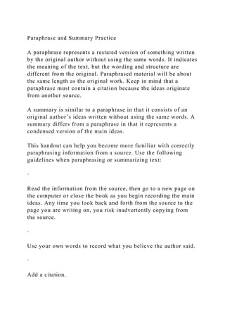 Paraphrase and Summary PracticeA paraphrase represents a restate.docx
