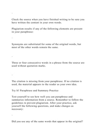 Paraphrase and Summary PracticeA paraphrase represents a restate.docx