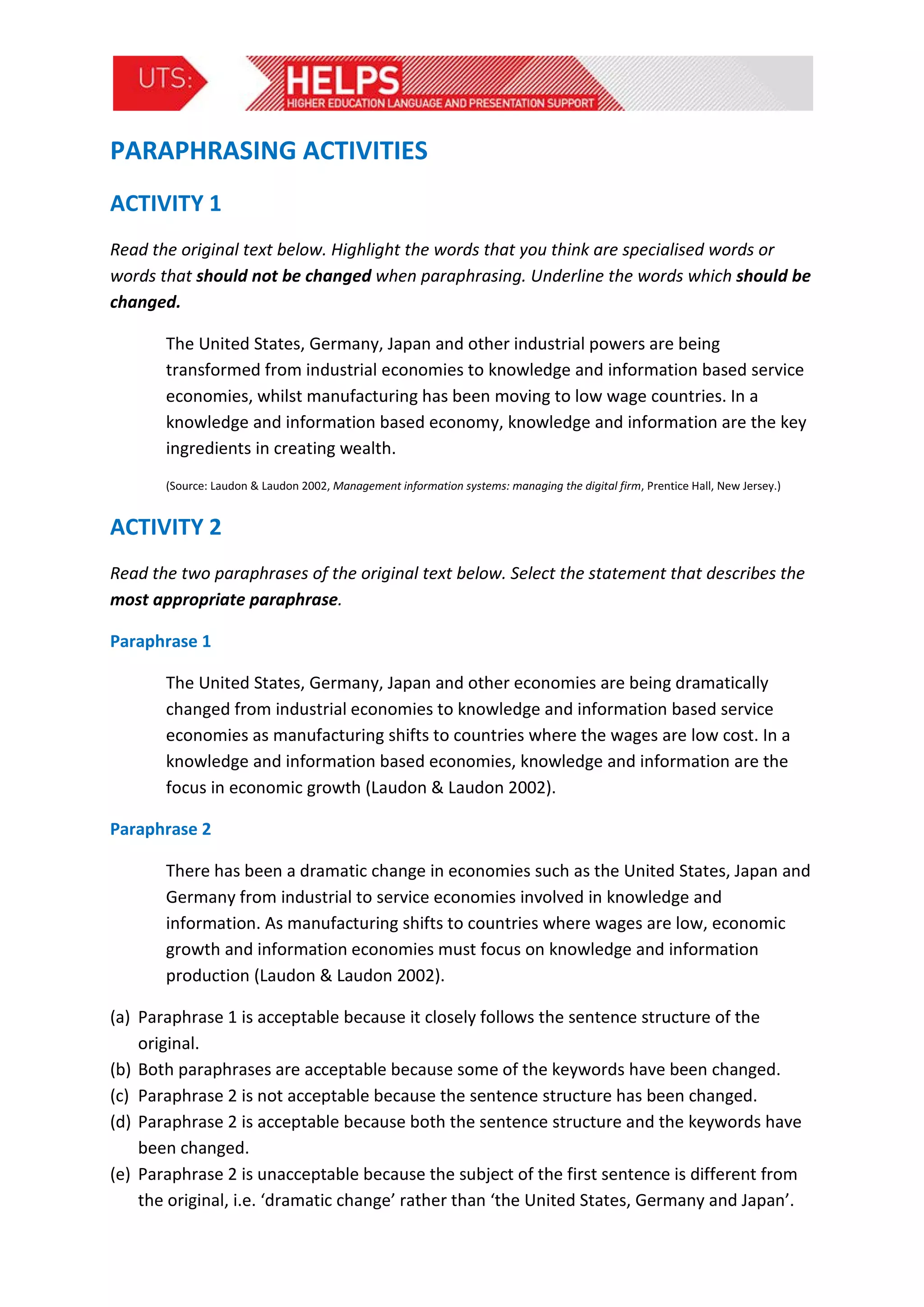 Paraphrase exercise 2 | PDF