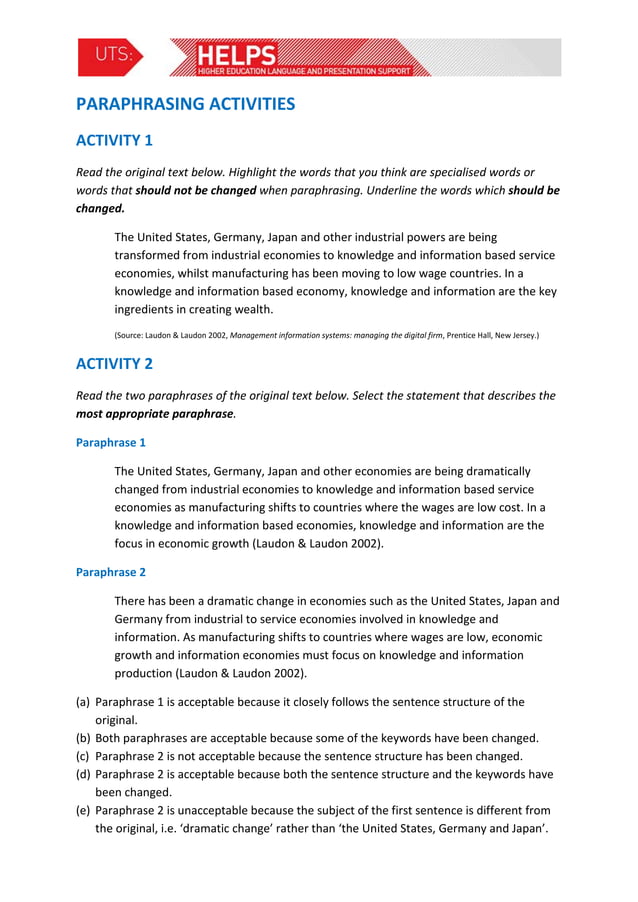 Paraphrase exercise 2 | PDF