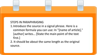 Paraphrasing, Quoting and Summarizing | PPTX