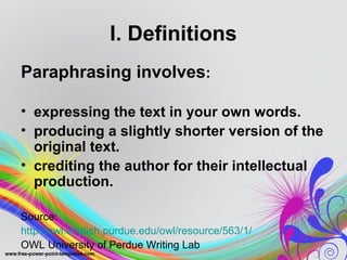 Paraphrasing and avoiding plagiarism workshop | PPT