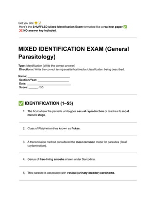 Parasites exam quiz exam identification type | PDF
