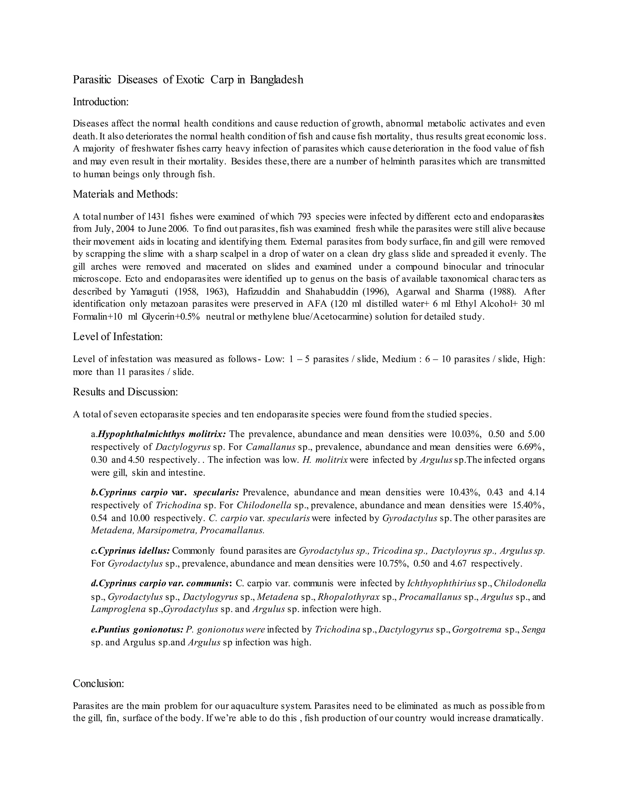 Parasitic diseases of exotic carp in bangladesh | DOCX