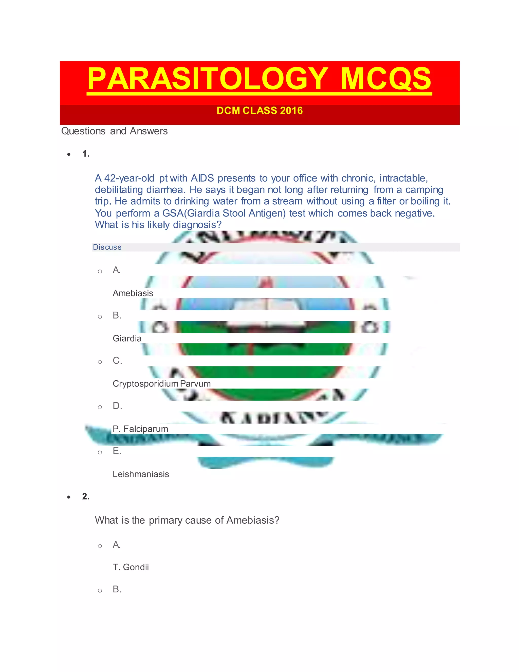 Parasitology questions and answers | DOCX