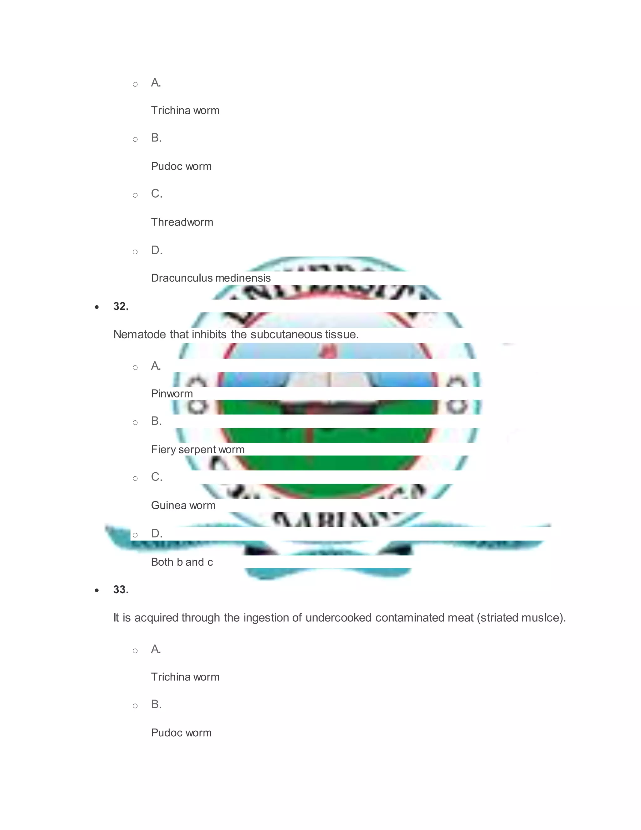 Parasitology questions and answers | DOCX