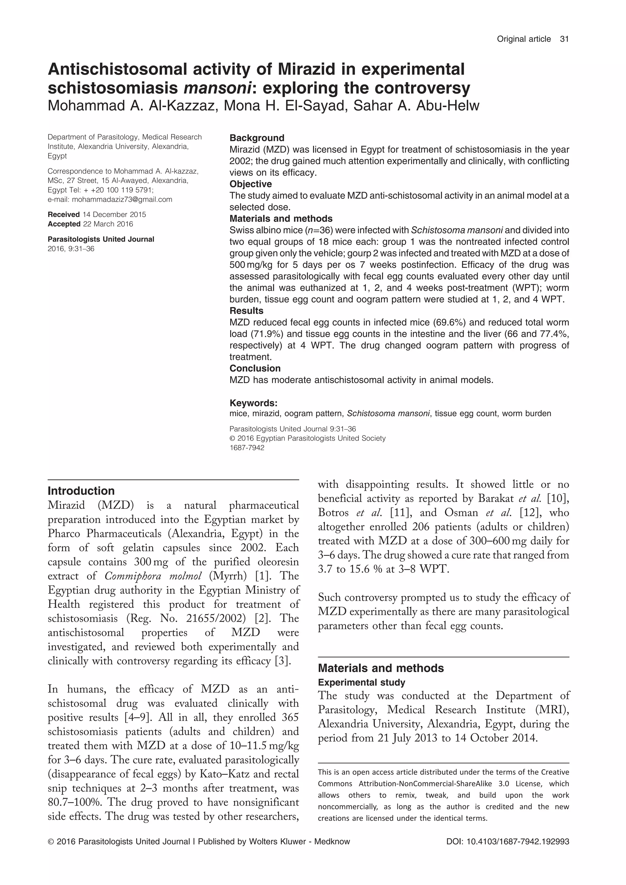 Antischistosomal activity of Mirazid in experimental schistosomiasis ...