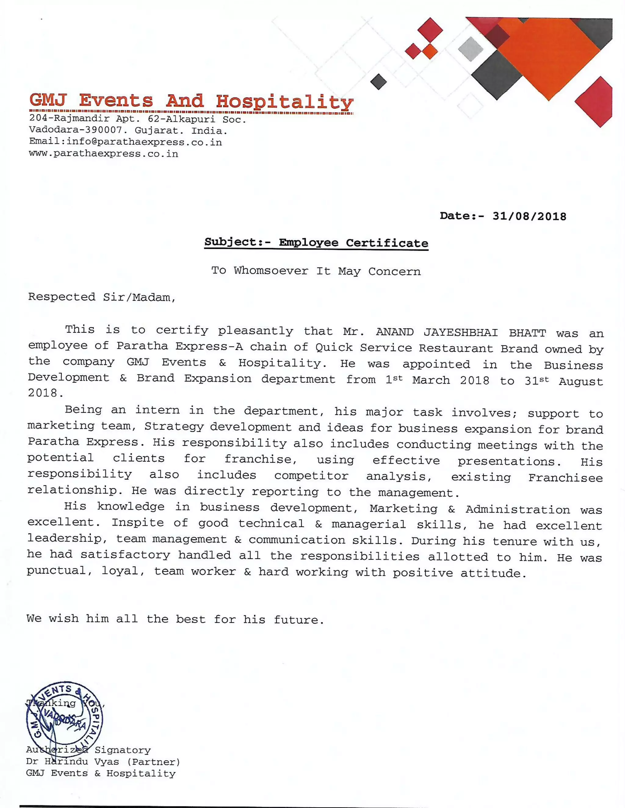 Paratha express work experience letter | PDF