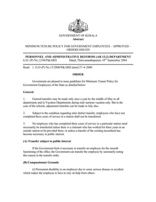 Kerala- Minimum tenure policy for transfer for government employees. | PDF