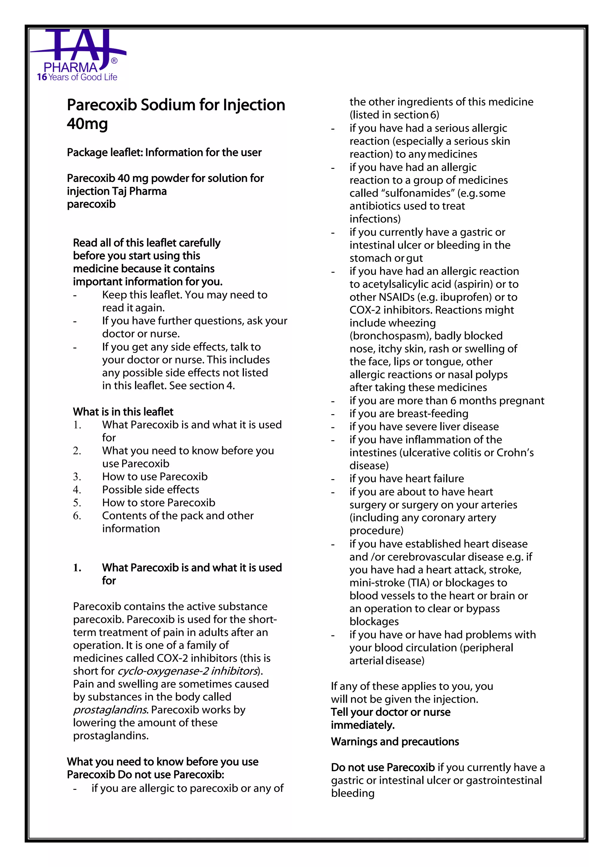 Parecoxib Sodium for Injection Taj Pharma PIL | PDF