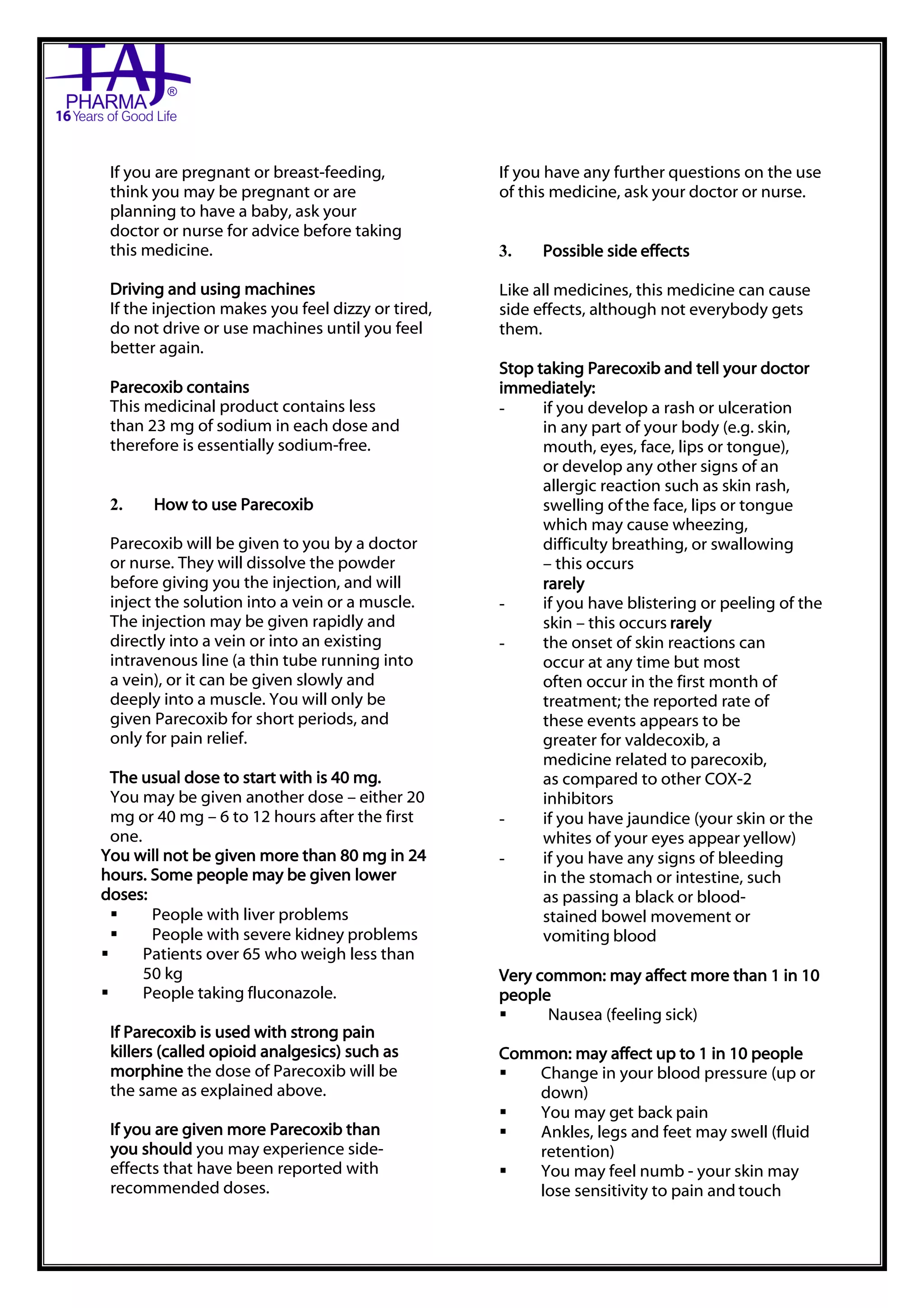 Parecoxib Sodium for Injection Taj Pharma PIL | PDF