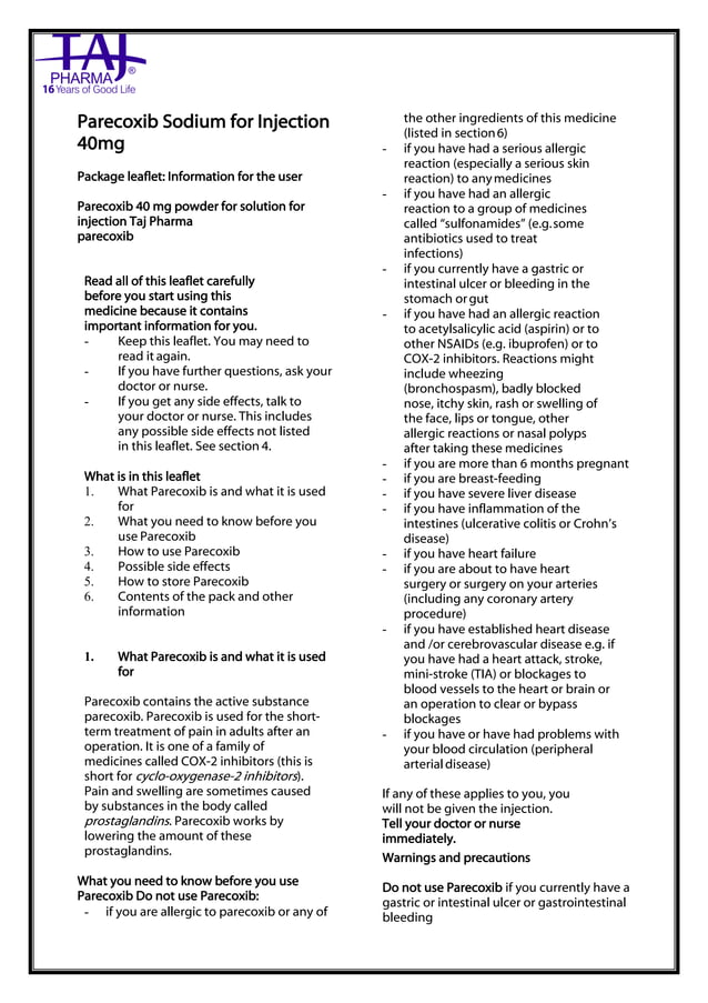 Parecoxib Sodium for Injection Taj Pharma PIL | PDF | Digestive ...