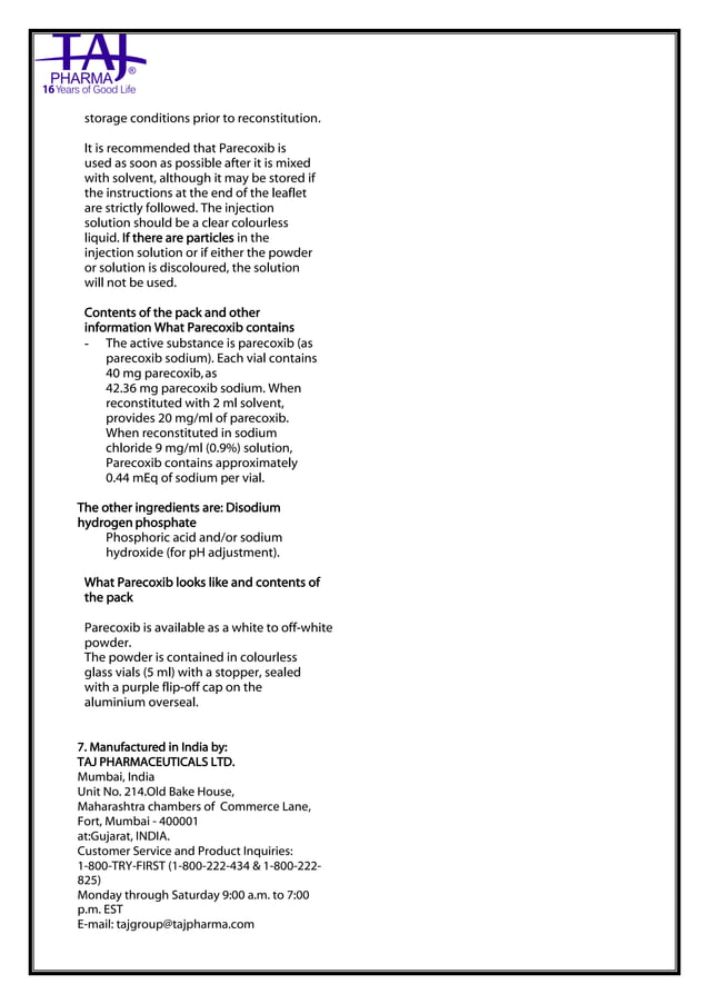 Parecoxib Sodium for Injection Taj Pharma PIL | PDF | Digestive ...