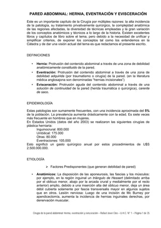 Cirugía de la pared abdominal: Hernia, eventración y evisceración | PDF