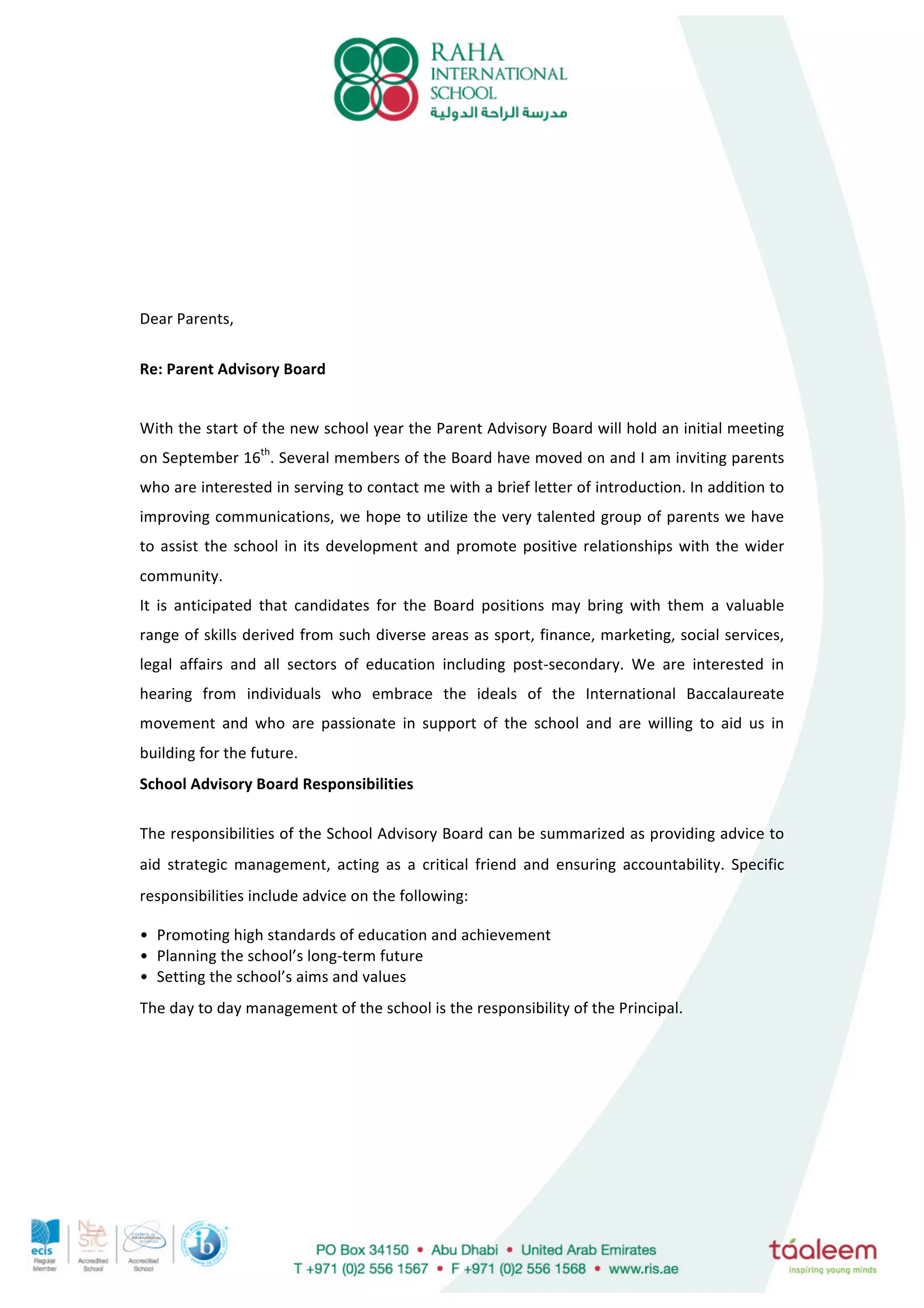 Parent Advisory Board Initial Meeting - Raha International School | PDF