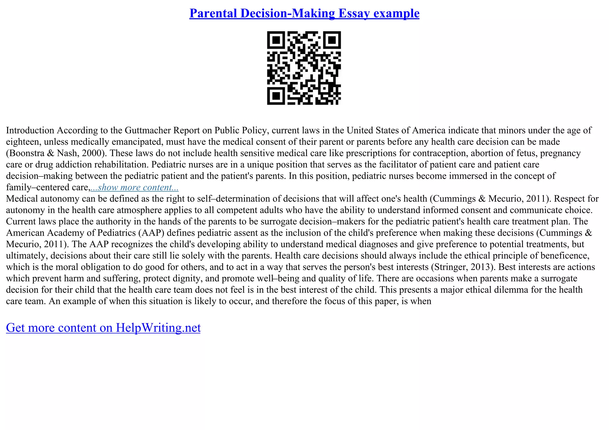 Parental Decision-Making Essay Example | PDF