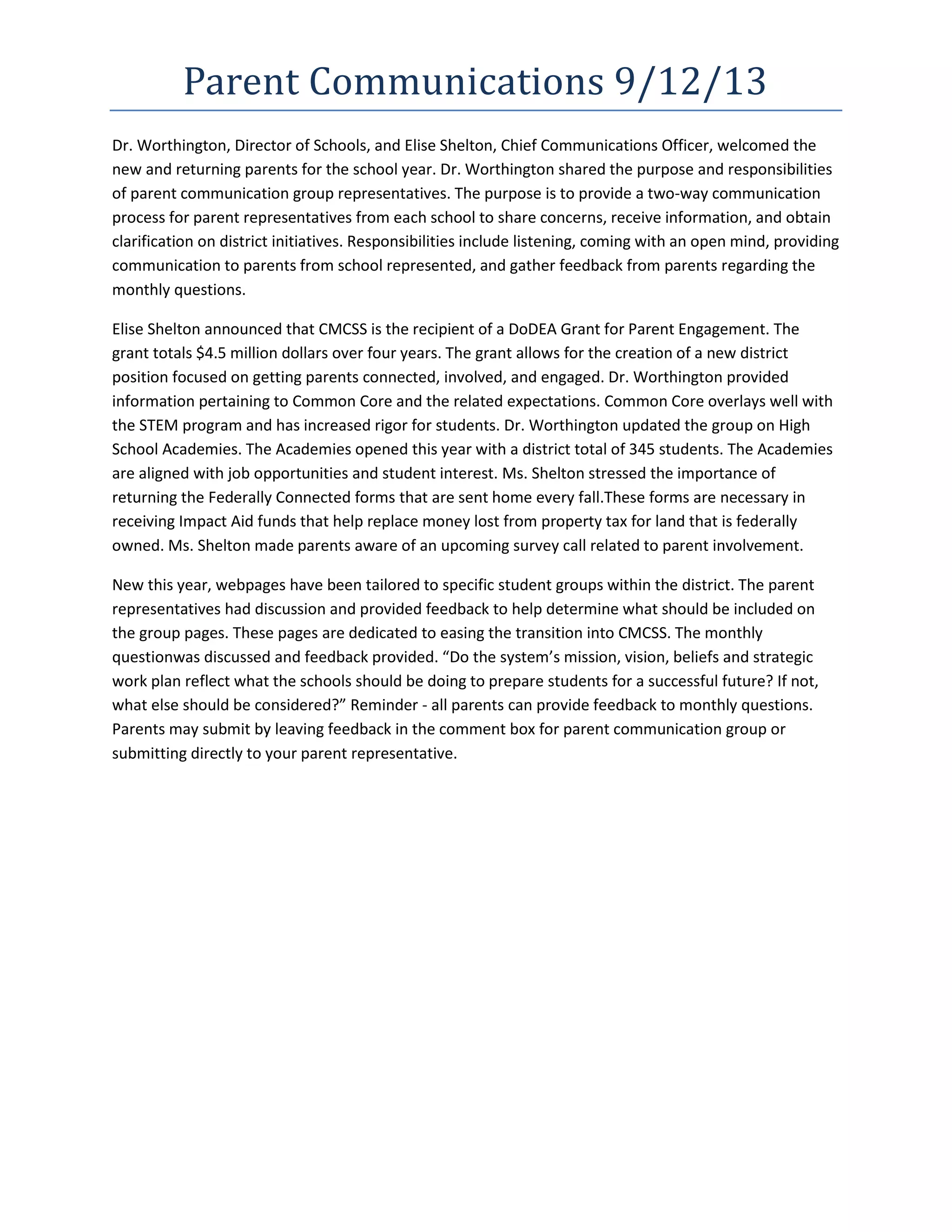 Parent communications notes 9 12-13 | DOCX | Education