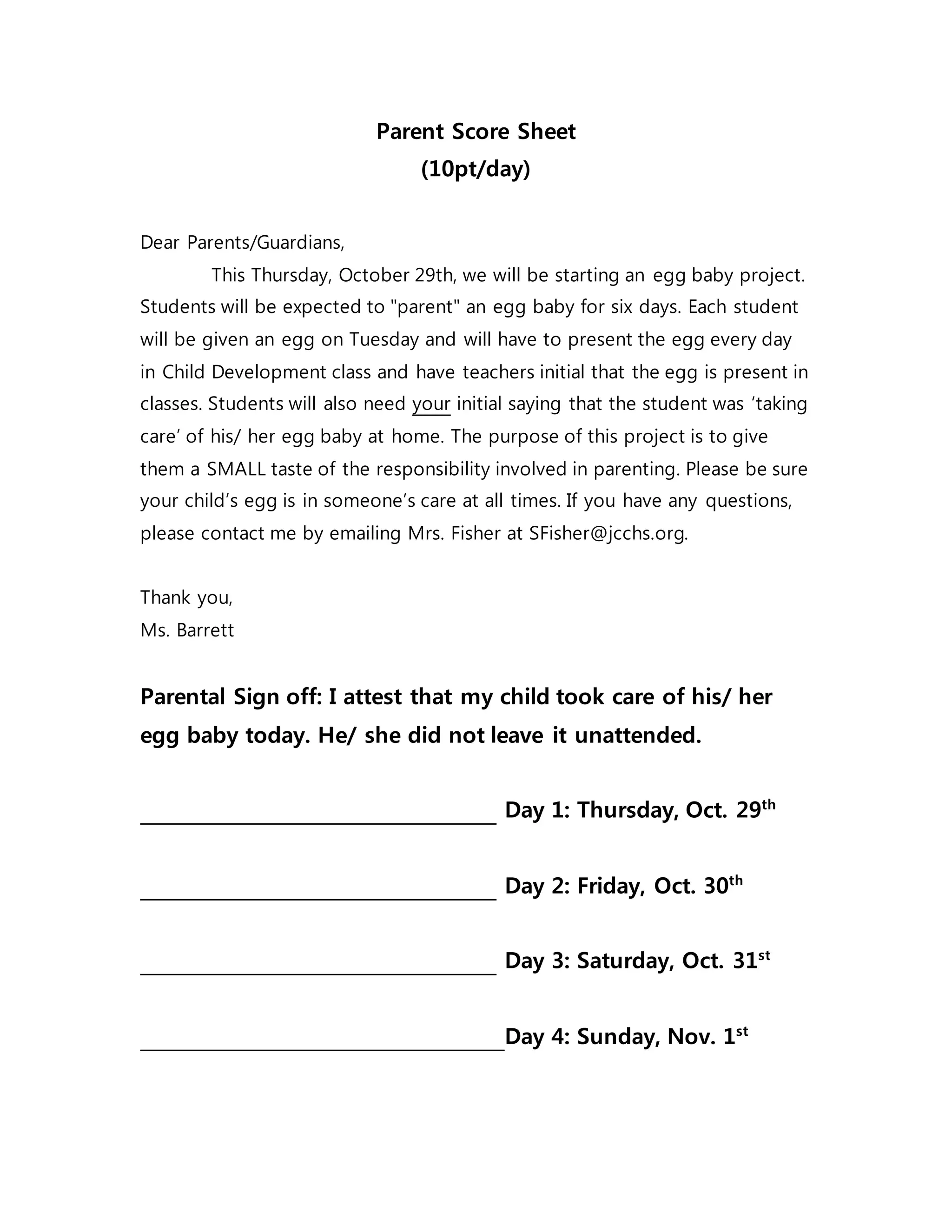 Parent Log Document: Egg Baby Project | DOCX