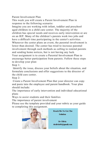 Parent Involvement Plan This week you will create a Parent Involve.docx