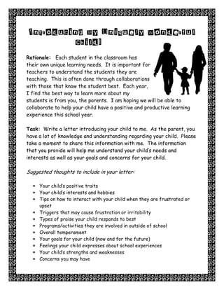 Parent letter introducing child to teacher | PDF