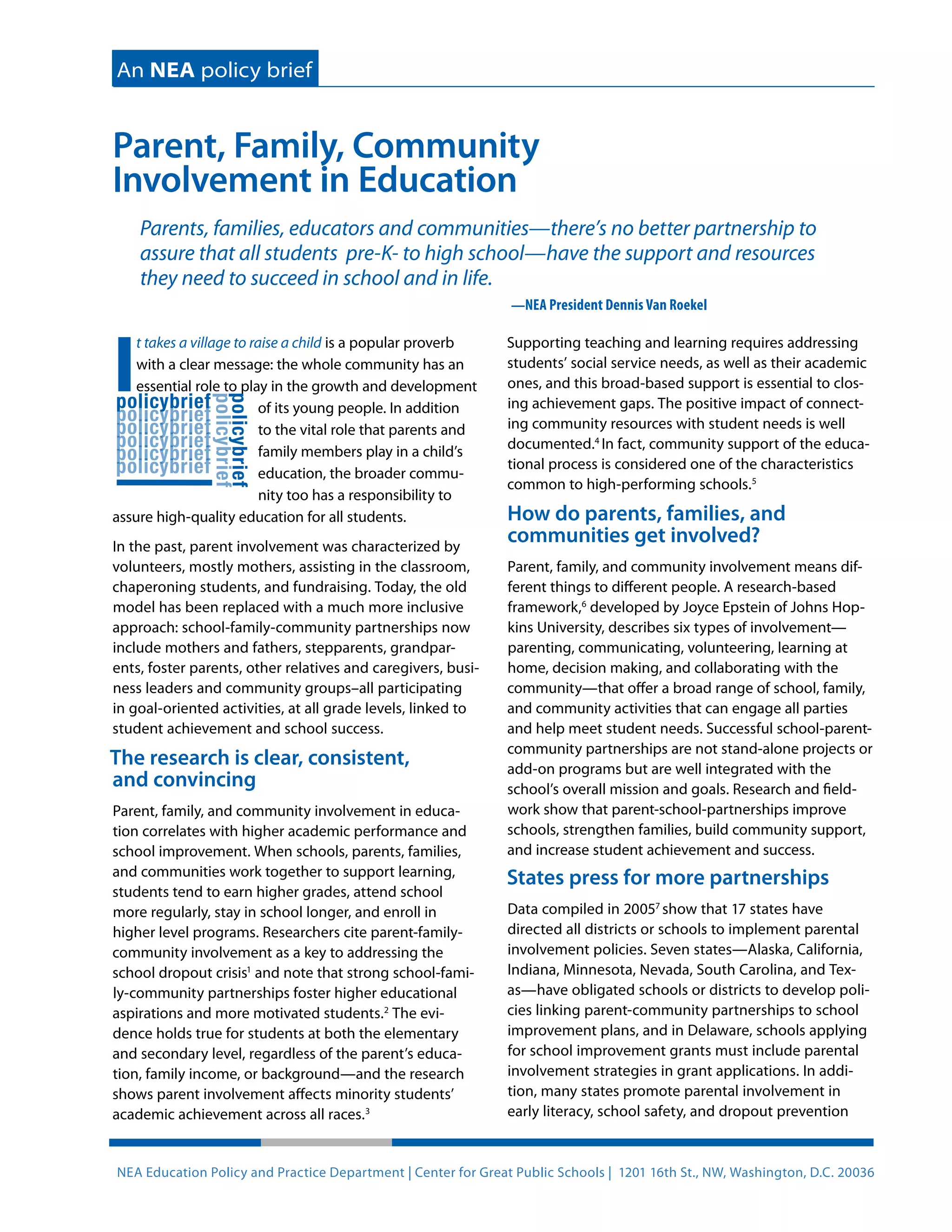 Parents, family, community involvement in education | PDF