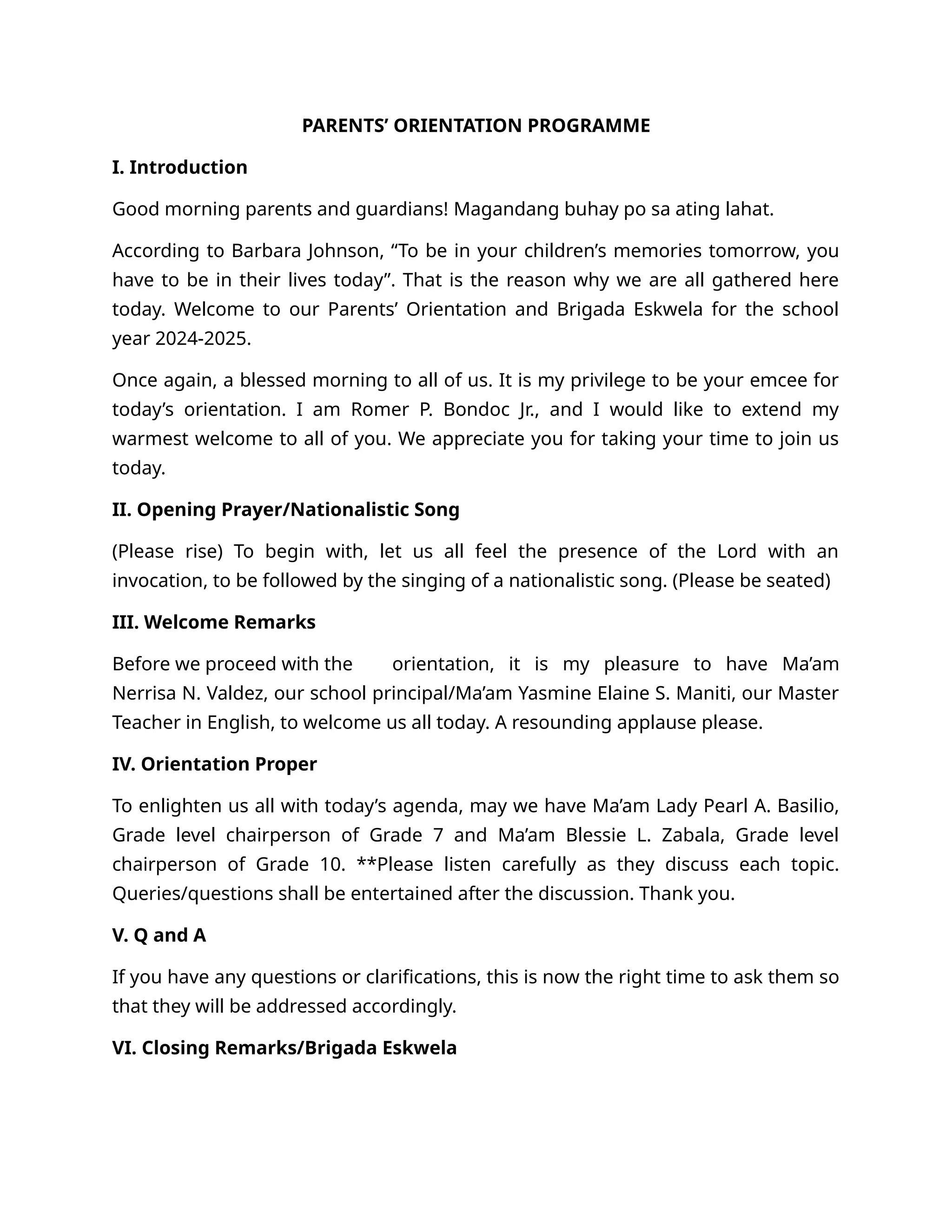 script for parent/guardian orientation in school | DOCX