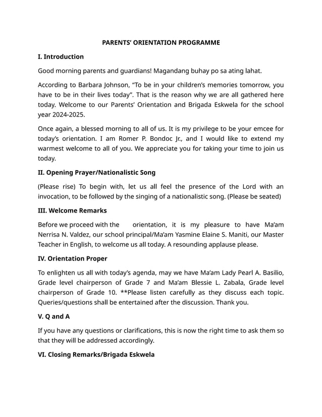 script for parent/guardian orientation in school | DOCX
