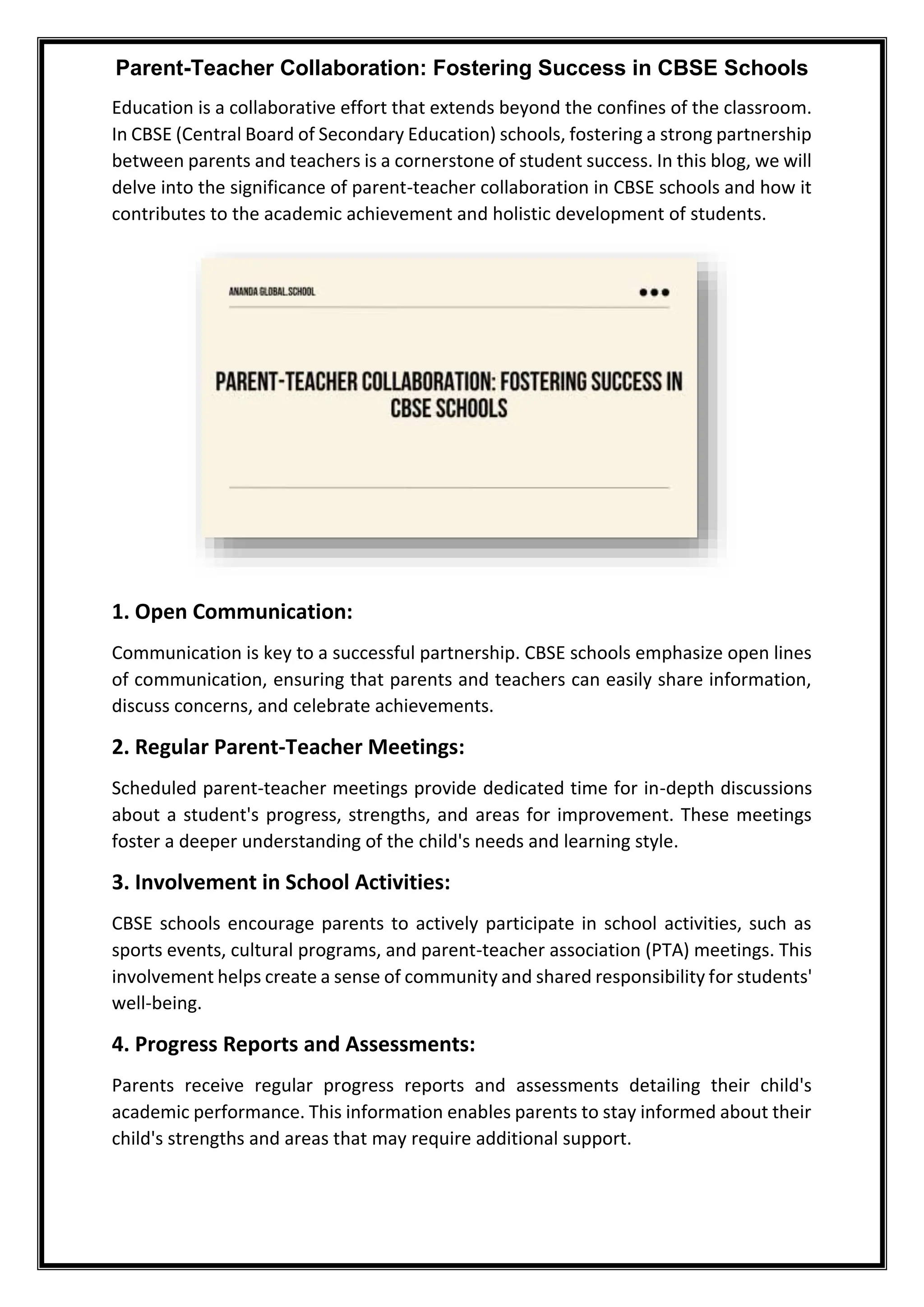 Parent Teacher Collaboration Fostering Success in CBSE Schools | PDF