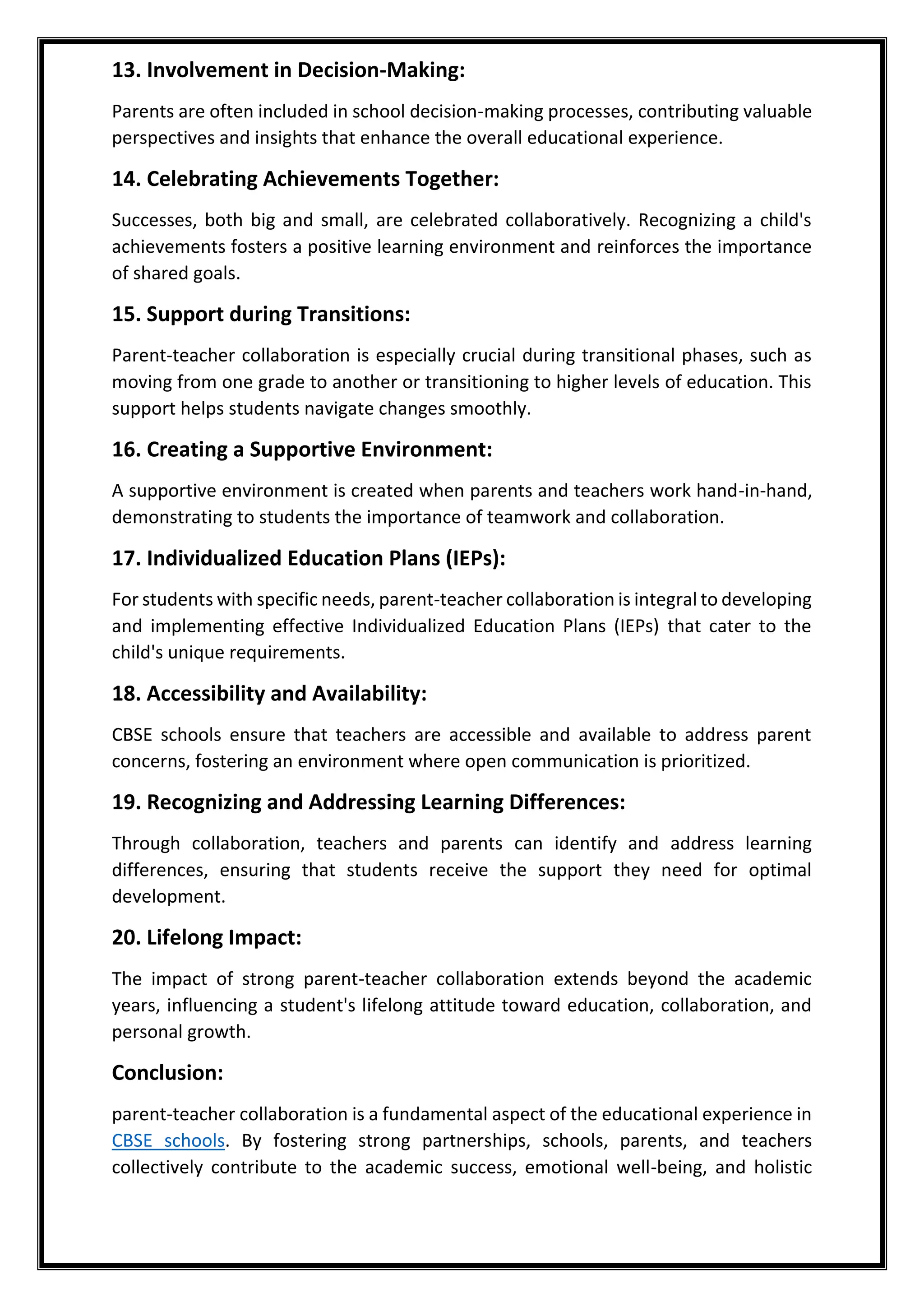 Parent Teacher Collaboration Fostering Success in CBSE Schools | PDF