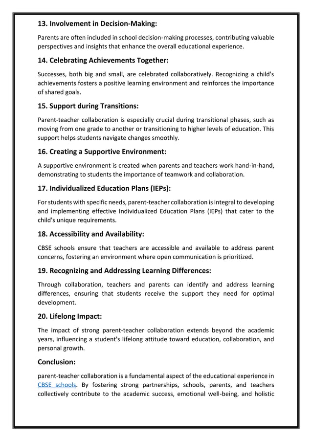 Parent Teacher Collaboration Fostering Success in CBSE Schools | PDF