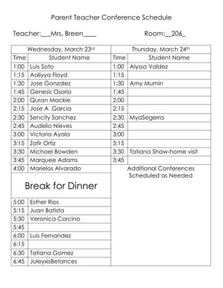 Parent Teacher Conference Schedule Template